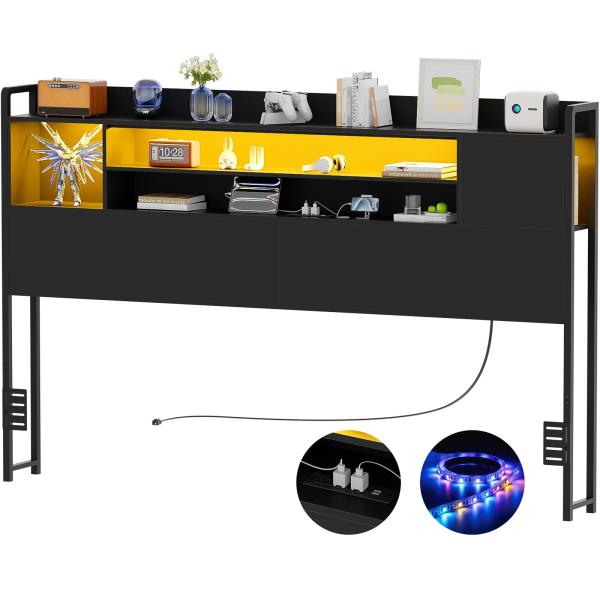 商品名:  Unikito Headboard for King Size Bed, Bookcase Style Head Board with Power Outlet and RGB LED Light, Reversible Hea...