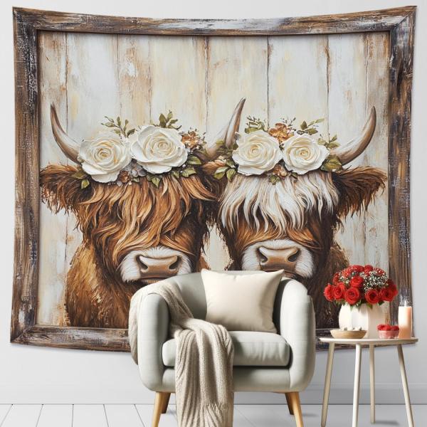 商品名:  Highland Cow Floral Tapestry, Rustic Brown Wall Hanging with White Roses, Seasonal Farmhouse Decor for Living Room...