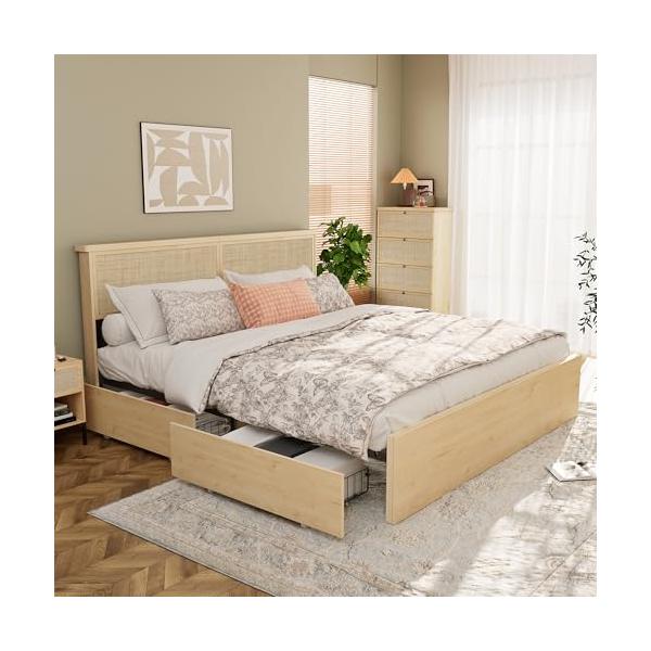 商品名:  Yechen King Bed Frame with Natural Rattan Headboard and Wooden 4 Storage Drawers, Light Oak Metal Platform Bedfram...