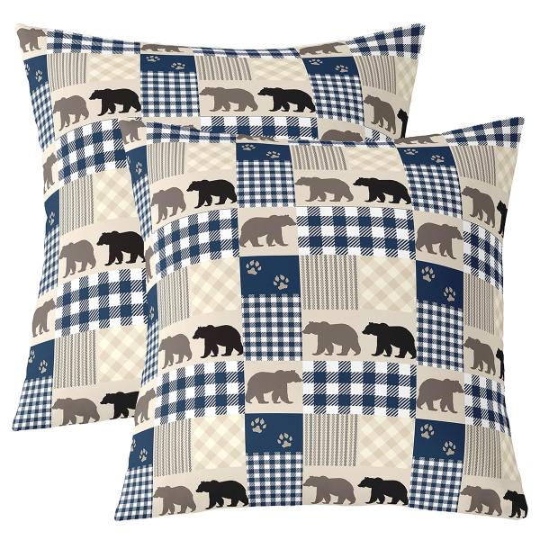 商品名: Erosebridal ベアスロークッションカバー 2枚セット 18x18インチ ソファ/ベッド/カウチ/キャビンロッジ アニマル枕カバー 部屋の装飾、野生動物装飾枕カバー、ネイビーブルー格子パッチワーククッションカバー Eros...