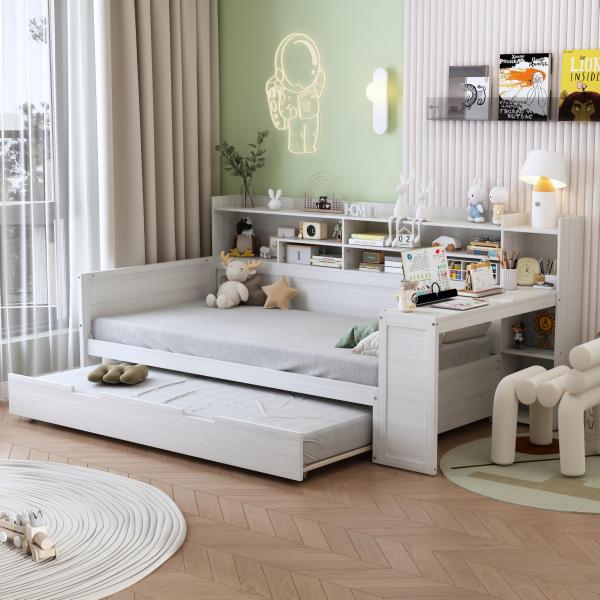 商品名:  JIVOIT Twin Size Daybed, Wooden Daybed with Storage Shelves, Multi-Functional Bed with Twin Size Trundle Bed and S...