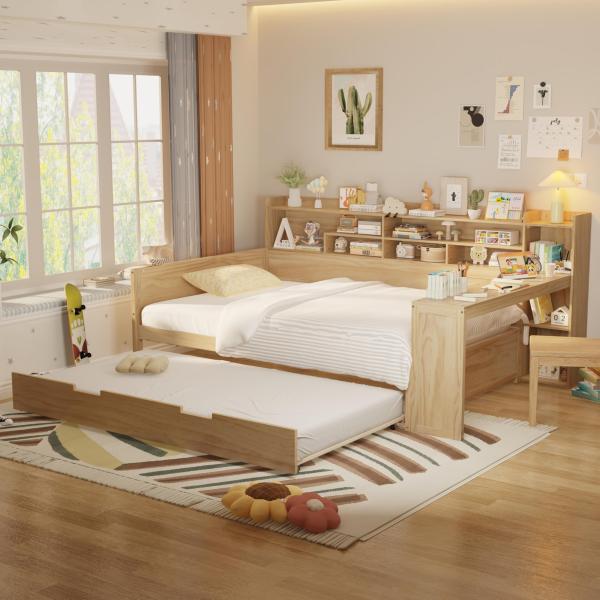 商品名:  JIVOIT Full Size Daybed, Wooden Daybed with Storage Shelves, Multi-Functional Bed with Twin Size Trundle Bed and S...