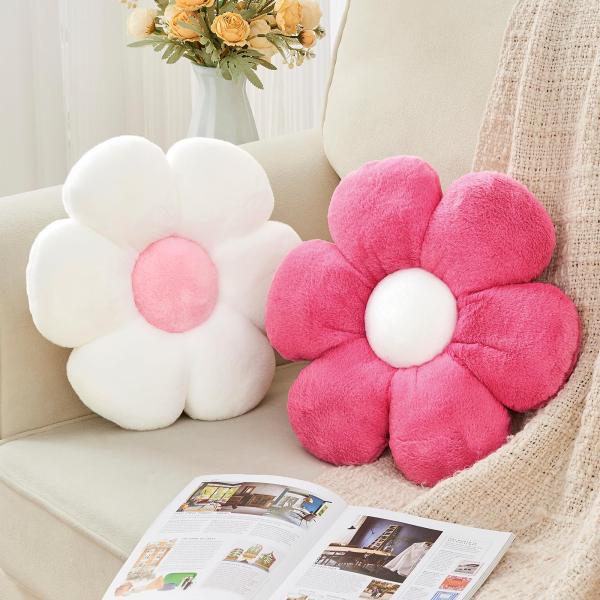 商品名: Gowwye フラワースローピロー2点、15.7インチ デイジーフラワー型ピローセット フェイクラビットファー、ソフトフラワープラッシュスローピロークッション ベッド、ソファ、カウチ、ホームデコレーション用(ホワイト+ローズピンク...