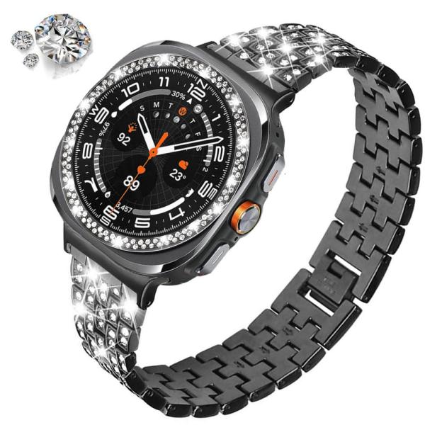 商品名: DEALELE バンドとベゼルカバー Samsung Galaxy Watch Ultra 47mm対応 キラキラ光るラインストーンメタルストラップ ダイヤモンドステンレススチールベゼルリング交換用 レディース メンズ ブラック ...