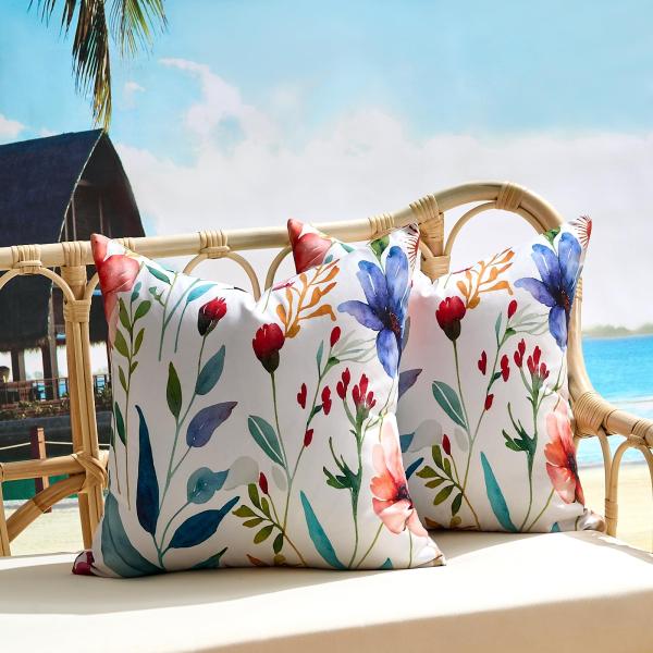 商品名: フラワーピローケース 18x18 2枚セット 春夏スクエア枕カバー ホームファームハウス装飾 アウトドア 防水 スローピローカバー ブルー オレンジ ブロッサムリーフ 枕カバー ホームソファ カウチ ベッド オフィス用 Flowe...