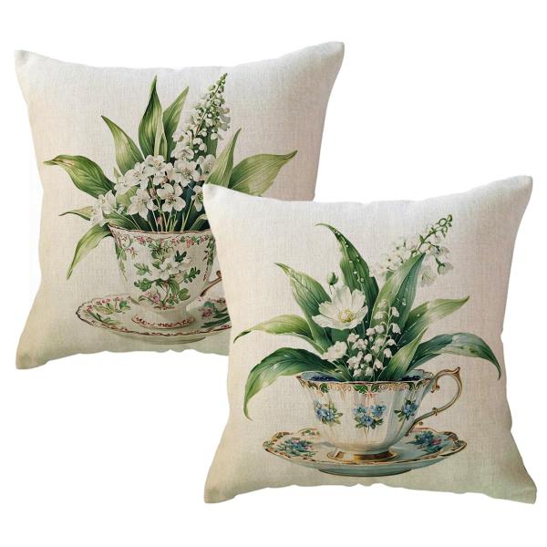 商品名: ULOVE LOVE YOURSELF ティーカップ フローラル スロー 枕カバー 18 x 18インチ 水彩 野花 枕カバー 素朴な農家 春夏 フラワークッションカバー 2パック ソファ カウチ テラス ポーチ用 (グリーン) ...
