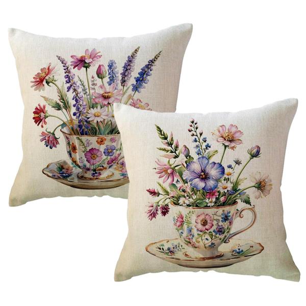 商品名: ティーカップ フローラル スロー 枕カバー 18 x 18インチ 水彩 野花 枕カバー 素朴な農家 春夏 フラワー クッションカバー 2パック ソファ カウチ テラス ポーチ用 (ピンク/パープル) Teacup Floral T...