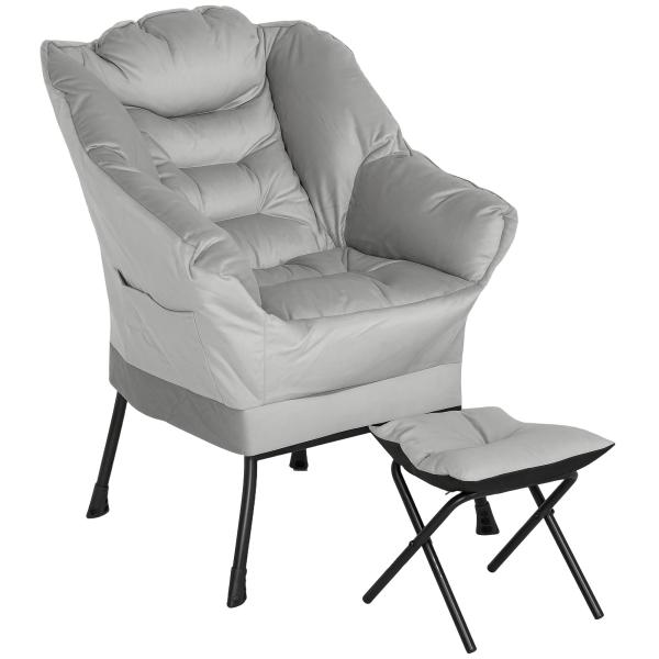 商品名: HOMCOM モダン怠惰な椅子 オットマン付き ファブリックラウンジアクセントチェア 肘付きレジャーソファアームチェア サイドポケット付き 布張りの読書椅子 フットスツールセット リビングルーム 寝室 ライトグレー HOMCOM ...