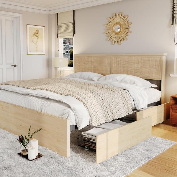 商品名:  Brafab Natural Rattan King Size Bed Frame with Wooden Headboard and 4 Storage Drawers, Boho Natural Wood Bedframe ...