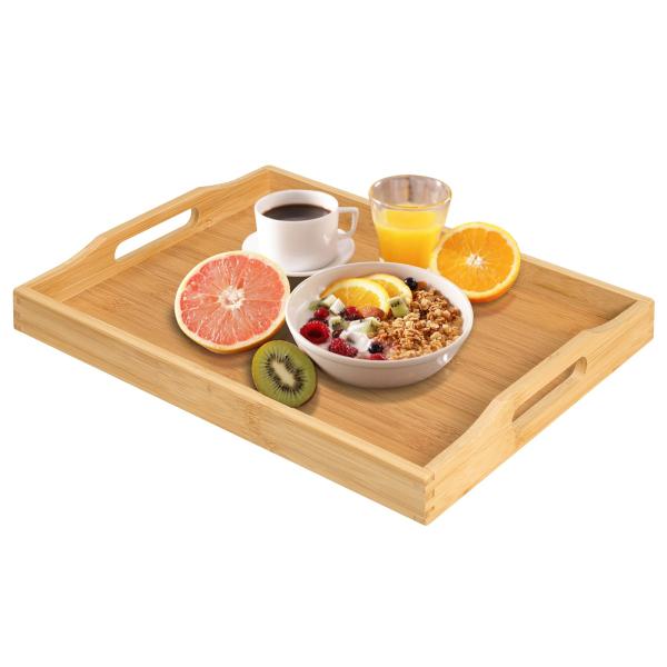 商品名: ハンドル付き竹製食品サービングトレイ、ティースナック用ベッドトレイ、木製トレイ、朝食トレイディナー、ホームデコレーションストレージフード、大皿、キッチンカウンター、バスルーム、レストラン用オットマントレイ、ベージュ。 Bamboo...