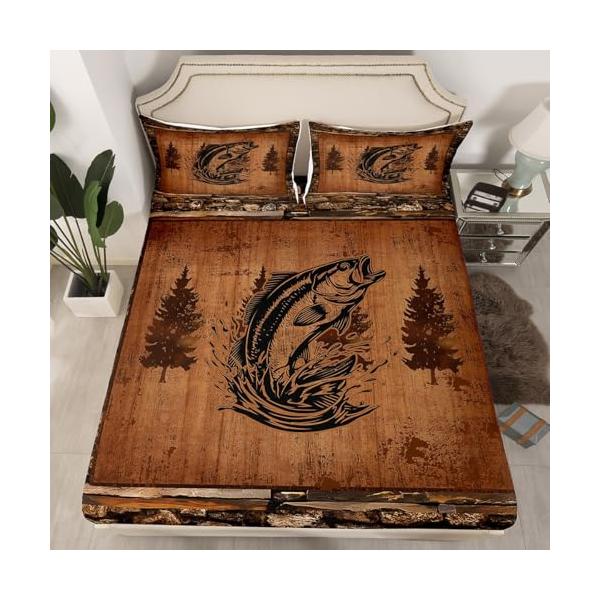 商品名: Feelyou 魚 ボックスシーツ 女の子 男の子 ツインサイズ 魚狩り ベッドセット ルーム バス ビッグフィッシュ ベッドシーツセット ファームハウス 素朴なキャビン カントリー ブラウン ベッドカバー ディープポケット (ト...