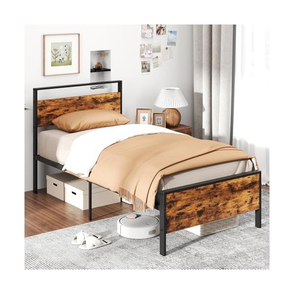 商品名:  GOFLAME Twin Size Bed Frame, Heavy-Duty Mattress Foundation with Wooden Headboard &amp; Footboard, Metal Slats Sup...