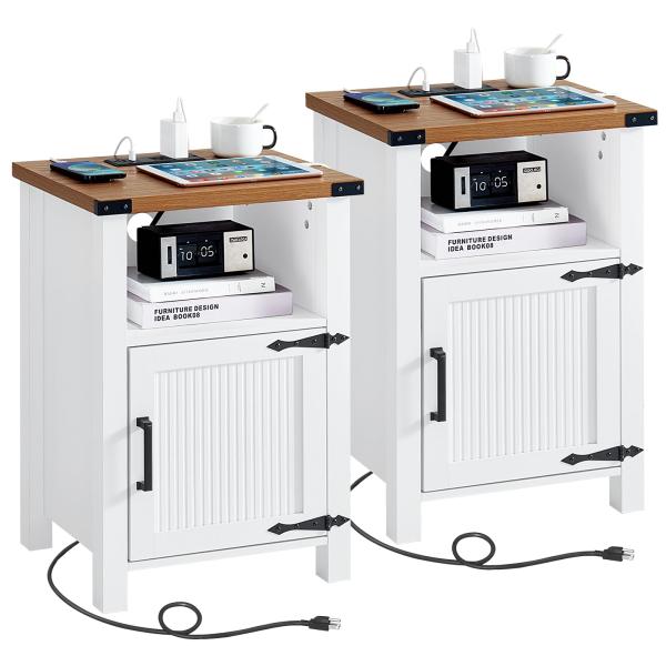 商品名: Joaxswe ナイトスタンド 2個セット 充電ステーション付き ファームハウス 木製 18インチ ナイトスタンド オープン収納棚付き 素朴なベッドサイドエンドテーブル 寝室用 長方形ソファサイドテーブル リビングルーム用 ホワイ...