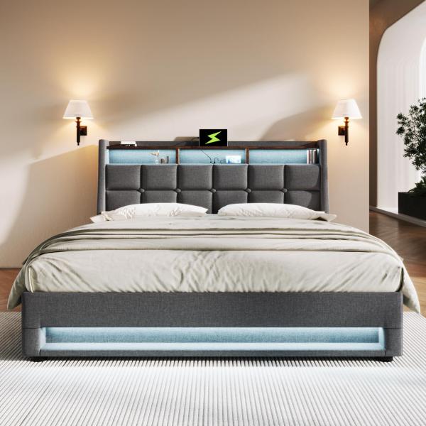 商品名:  Harper &amp; Bright Designs Queen Size Upholstered Platform Bed with a Hydraulic Storage System, LED and USB Charg...