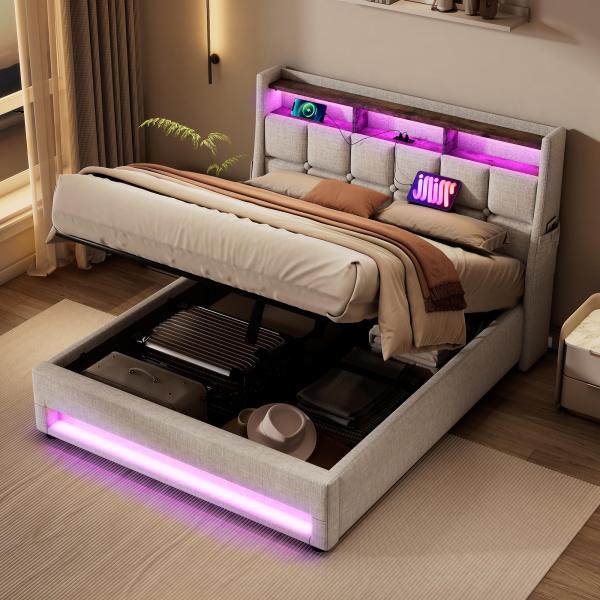 商品名:  Harper &amp; Bright Designs Full Size Upholstered Platform Bed with a Hydraulic Storage System, LED and USB Chargi...