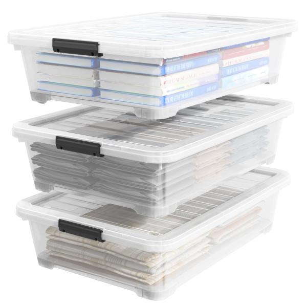 商品名:  Afromy 3-Pack Clear Plastic Underbed Storage Bins with Lids &amp; Wheels, Rolling Under Bed Shoe Storage Container...