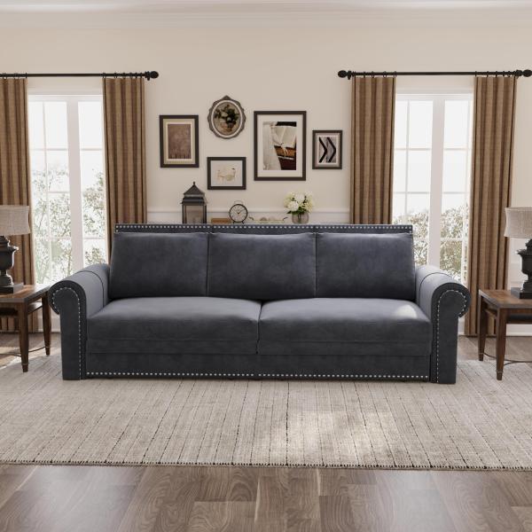 商品名:  93.7" King Pull Out Chesterfield Sofa Bed 3-in-1 Velvet Convertible Sleeper with Nailhead Trim &amp; Rolled Arm Mu...