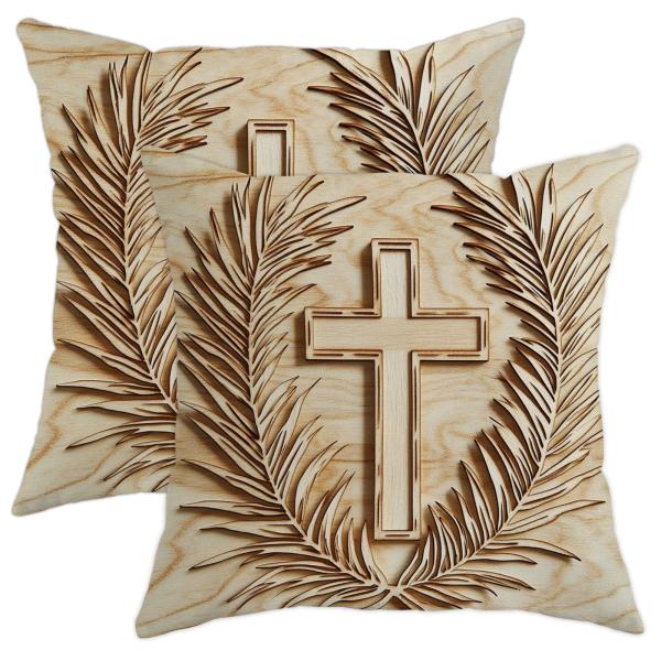 商品名:  Wooden Cross Pillow Covers Set of 2, Natural Beige Religious Decorative Cushion Cases, Easter Holiday Farmhouse De...
