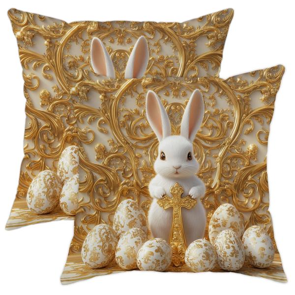 商品名:  Easter Pillow Covers Set of 2, Gold and White Bunny Rabbit Decorative Cushion Cases, Spring Holiday Farmhouse Deco...