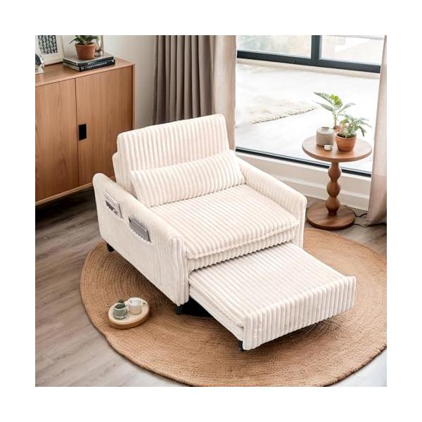 商品名: Majnesvon モダンコーデュロイファブリックソファベッド布団、3イン1コンバーチブルプルアウトベッドスリーパーソファ、3リクライニング背もたれ付き、リビングルームベッドルーム用小型ソファチェアベッド(ホワイト) Majnes...