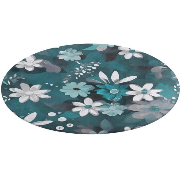 商品名:  Round Coral Velvet Floor Carpet Non-Slip Area Rugs Teal Grey and White Floral Indoor Floor Mat Absorbent Bath Mat ...