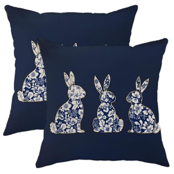 商品名:  Floral Rabbit Pillow Covers Set of 2, Navy Blue Spring Bunny Throw Pillow Cases, Easter Decorative Square Farmhous...