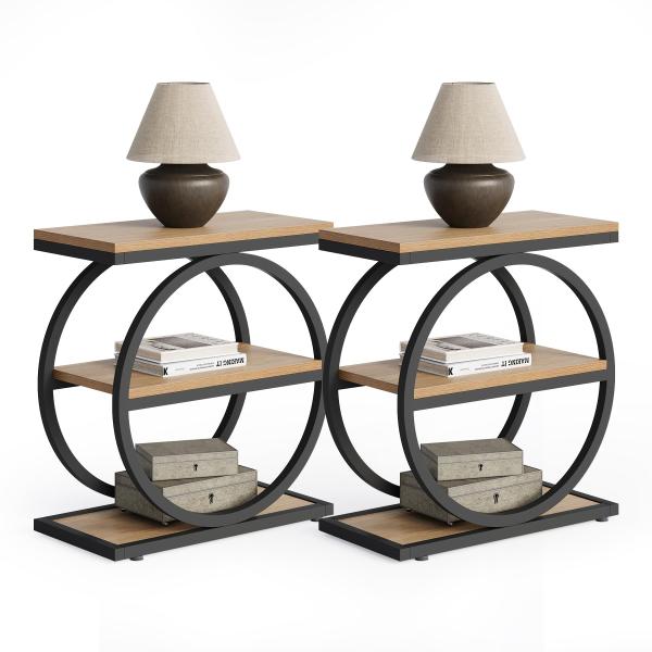 商品名: LITTLE TREE エンドテーブルセット2 サイドテーブル 3段収納棚付き リビングルーム用小型ソファサイドテーブル ダブルラウンドメタル脚付き木製サイドエンドテーブル スリムナイトスタンドとベッドサイドテーブル オーク LI...