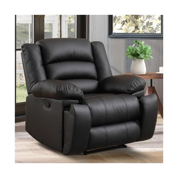 商品名: EBELLO 手動リクライニングチェア フェイクレザーリクライニングチェア 隠しカップホルダー付き ひじ掛けと背中が詰め込まれている 手動シングルソファ 大人用 ブラック EBELLO Manual Recliner Chair,...