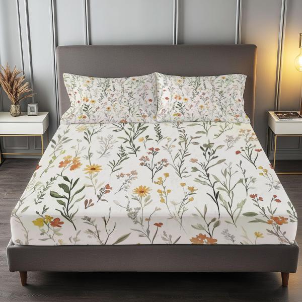 商品名:  Fitted Sheet Set 3 Pcs Twin Sheet Set Simple Watercolor Wildflowers Print Flat Sheet Fitted Sheet White Style Bedd...