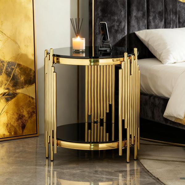 商品名:  17.72" Round Glass End Table Black, Modern Gold Living Room Table with Stainless Steel Irregular Leg, Small Sofa S...