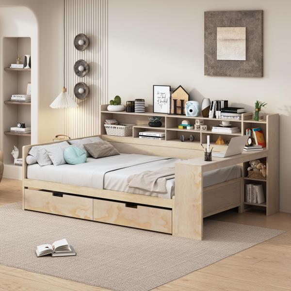 商品名:  Bellemave Full Size Wooden Daybed with Desk and Storage Bookcase, Multi-Functional Bed with Two Storage Drawers an...