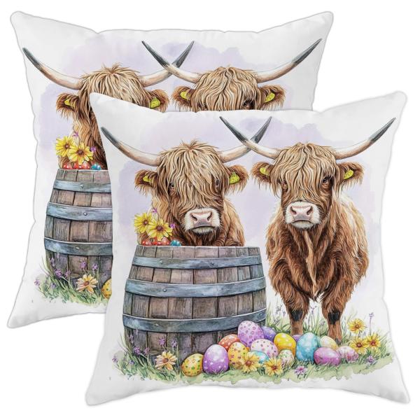 商品名:  Spring Highland Cow Pillow Covers Set of 2, Colorful Easter Floral Throw Pillows, Rustic Farmhouse Decorative Cush...