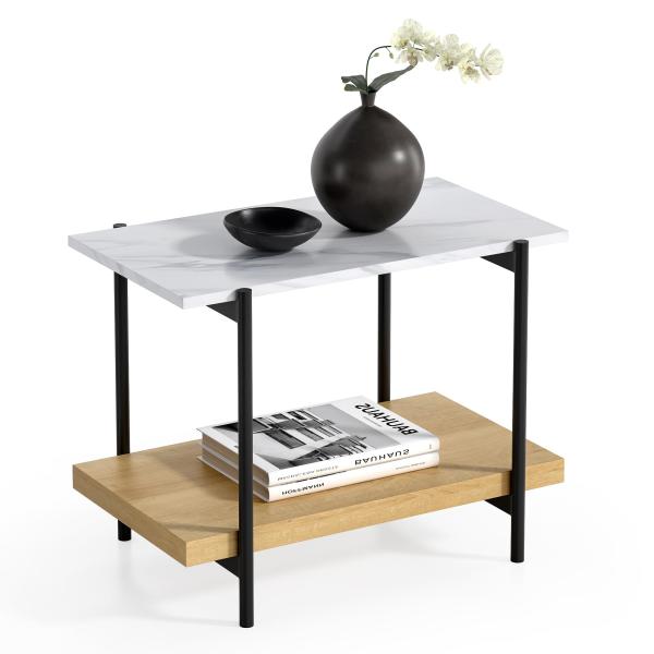 商品名: (ムームジー) MOOMJiee エンドテーブル 2段ウッドオープンシェルフ付き 長方形ソファサイドテーブル メタルフレームと人工大理石 ベッドサイドナイトスタンド 寝室 リビングルーム 小さなスペース用 ナチュラルオーク Moo...