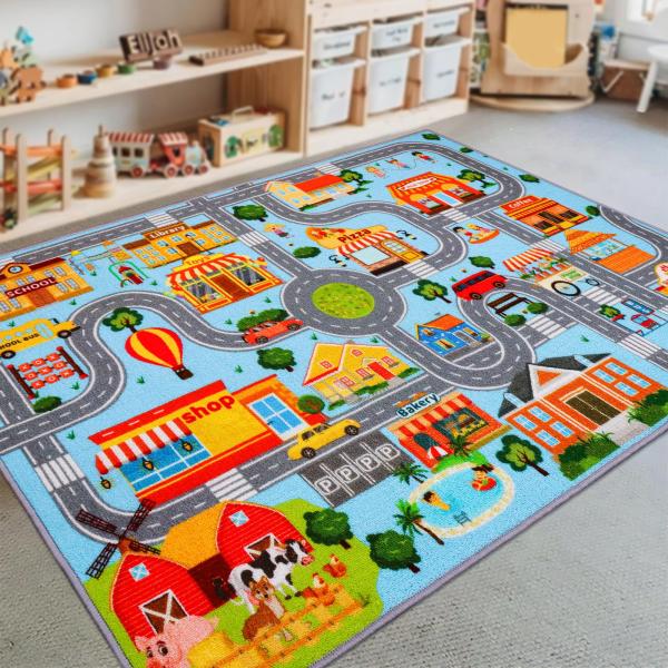 商品名: 子供用カーラグ、カープレイマットカーペット、エクストラノンスリップトラフィックロードラグ、子供用シティマップ教育マット、プレイルーム、男の子、寝室、教室用(59X39.4インチ、青空) Car Rug for Kids, Car ...