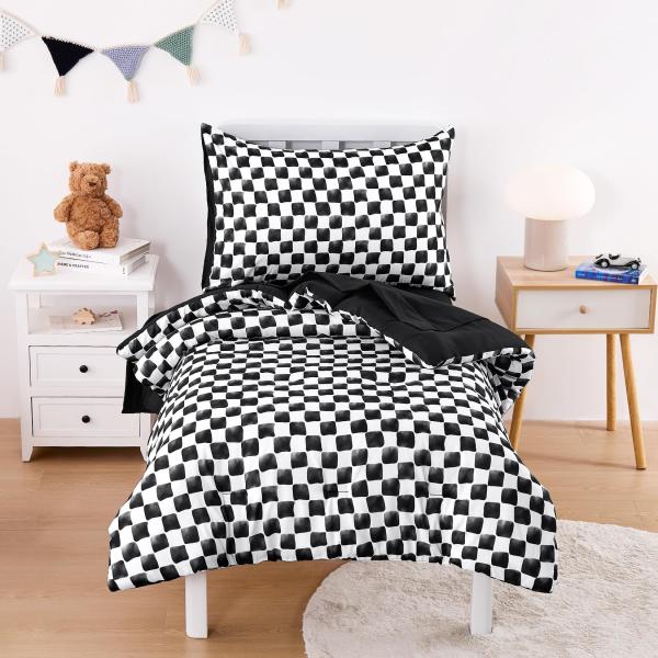 商品名:  Wake In Cloud - Toddler Bedding Set for Boys Girls, Cute Gingham Grid Checkered, 4 Pieces Soft Crib Bed Set Includ...