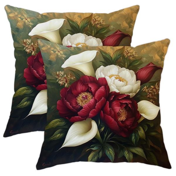 商品名:  Floral Pillow Covers Set of 2, Red and White Peony and Calla Lily Throw Pillows, Elegant Decorative Cushion Covers...