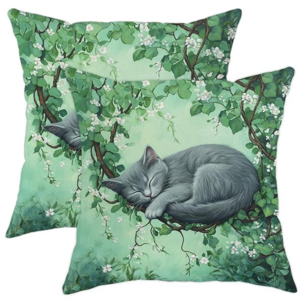 商品名:  Spring Cat Pillow Covers Set of 2, Gray Sleeping Kitty Floral Throw Pillows Case, Outdoor Decorative Square Garden...