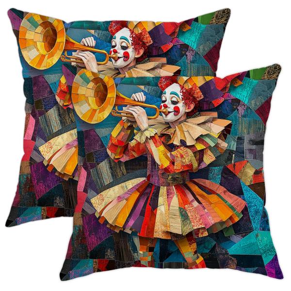 商品名:  Colorful Clown Pillow Covers Set of 2, Fanciful Trumpet Playing Decor Cushion Cases, Fun Decorative Farmhouse Thro...