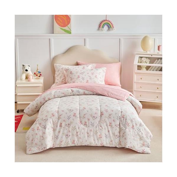 商品名: Joyreap コットン掛け布団シーツ6点セット 女の子用 ツインサイズベッドインバッグ ピンクフローラルデザイン ソフト 快適 キッズ寝具セット オールシーズン対応 - 172.7x223.5cm Joyreap 6pcs Co...
