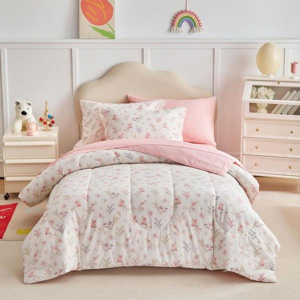 商品名: Joyreap コットン掛け布団シーツ7点セット 女の子用 クイーンサイズ ベッド・イン・バッグ ピンクフローラルデザイン ソフト 快適 キッズ 寝具 掛け布団セット オールシーズン対応 - 88×88インチ Joyreap 7p...