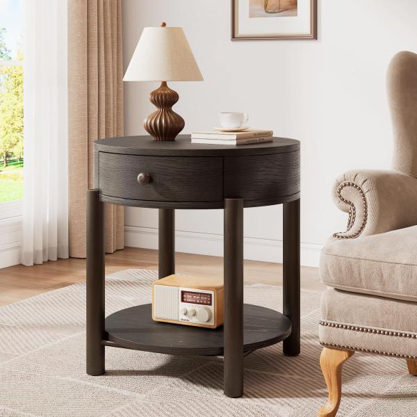 商品名:  Solid Wood 2-Tier Round End Table with Drawer, 24" Small Sofa Side Table with Storage Oak Wood Accent Drink Table ...