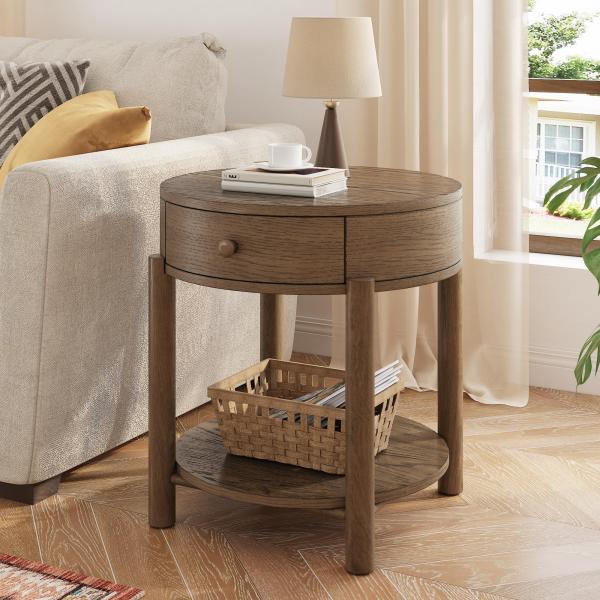 商品名:  Solid Wood 2-Tier Round End Table with Drawer, 24" Small Sofa Side Table with Storage, Oak Wood Farmhouse Nightsta...