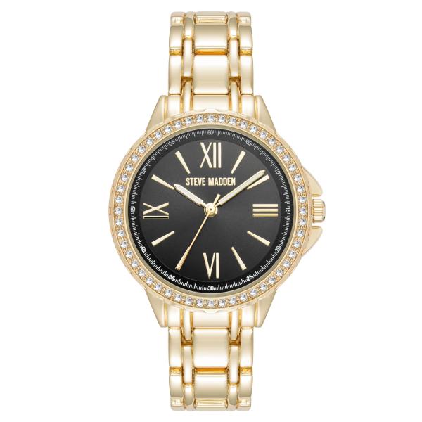商品名: Steve Madden Frauen echtes kristallakentisches アームバンド Uhr, ゴールド/ブラック, ブレスレット Steve Madden Women's Genuine Crystal A...