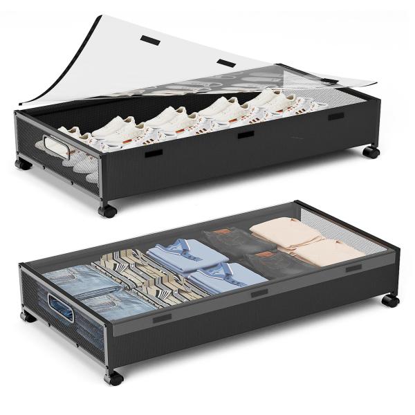 商品名: キャスター付きベッド下ストレージコンテナ 80L 特大ベッド下靴ストレージオーガナイザー 2パック 取り外し可能な蓋付き 大きなローリングベッド下収納 ドレッサー引き出し 衣類/靴/毛布用 Under Bed Storage Co...