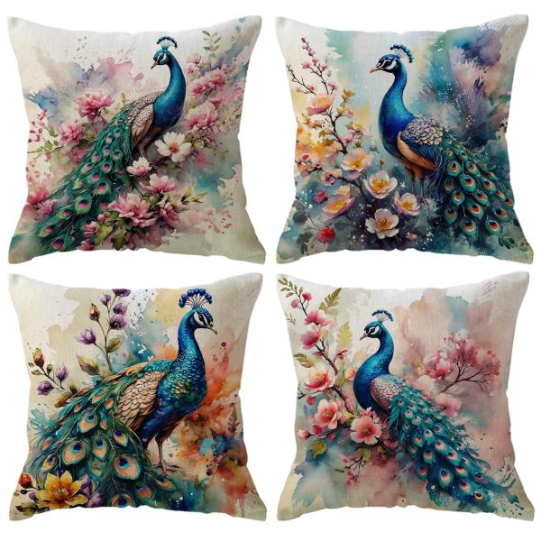 商品名:  ULOVE LOVE YOURSELF 4Pack Peacock Throw Pillow Covers Only Watercolor Peacock Pillowcases with Floral Farmhouse De...