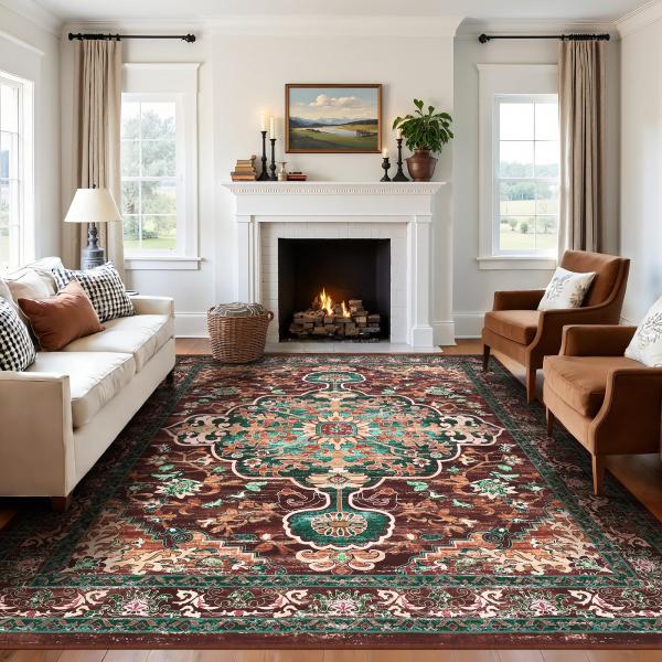 商品名: U'Artlines Boho ビンテージ エリアラグ 9x12フィート 洗濯機洗い可能 ローパイル ソフトフロアカーペット 滑り止め 脱落しないアクセントラグ リビングルーム 寝室 玄関 ダイニングルーム オフィス 錆びてティー...