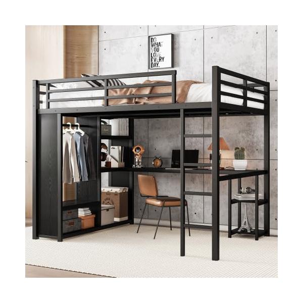 商品名: 【 クイーン ロフトベッド ワードローブ内蔵 メタル ロフトベッド フレーム デスク 収納棚付き 】 ブラック Bellemave Queen Size Loft Bed with Built-in Wardrobe, Metal...