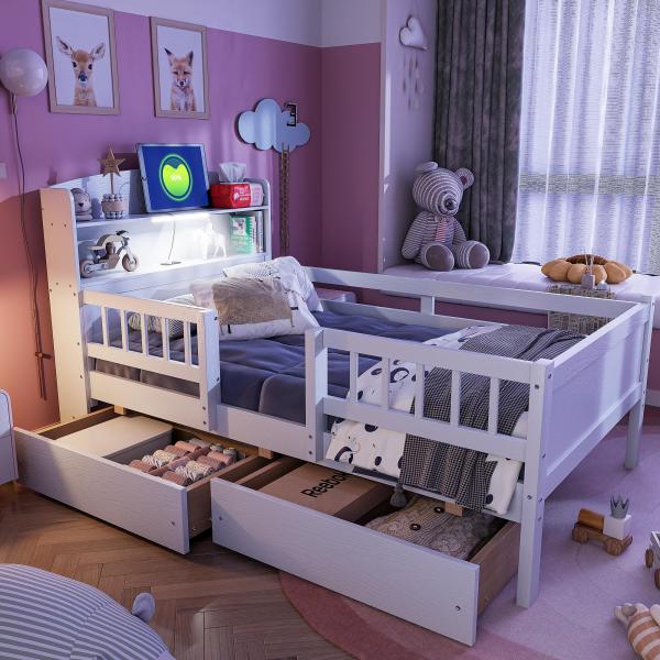 商品名:  VilroCaz Twin Size Platform Bed with Guardrail and Multi-Functional Headboard, Wood Platform Bed Frame with 2 Draw...