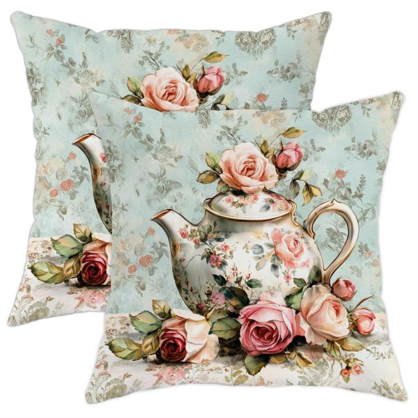 商品名:  Floral Teapot Pillow Covers Set of 2, Vintage Rose Design Throw Pillow Cases, Cottage Style Decorative Cushion Cov...