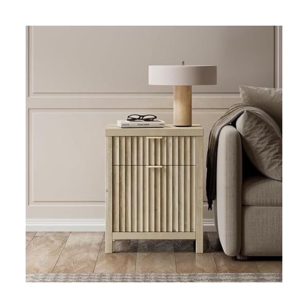 商品名: Walsham ナイトスタンド 溝付きナイトスタンド 充電ステーション付き モダンなエンドテーブル 引き出し2個付き ベッドサイドテーブル 寝室 リビングルーム ソファ カウチ オフィス用 (サンウォッシュアッシュオーク) Wal...